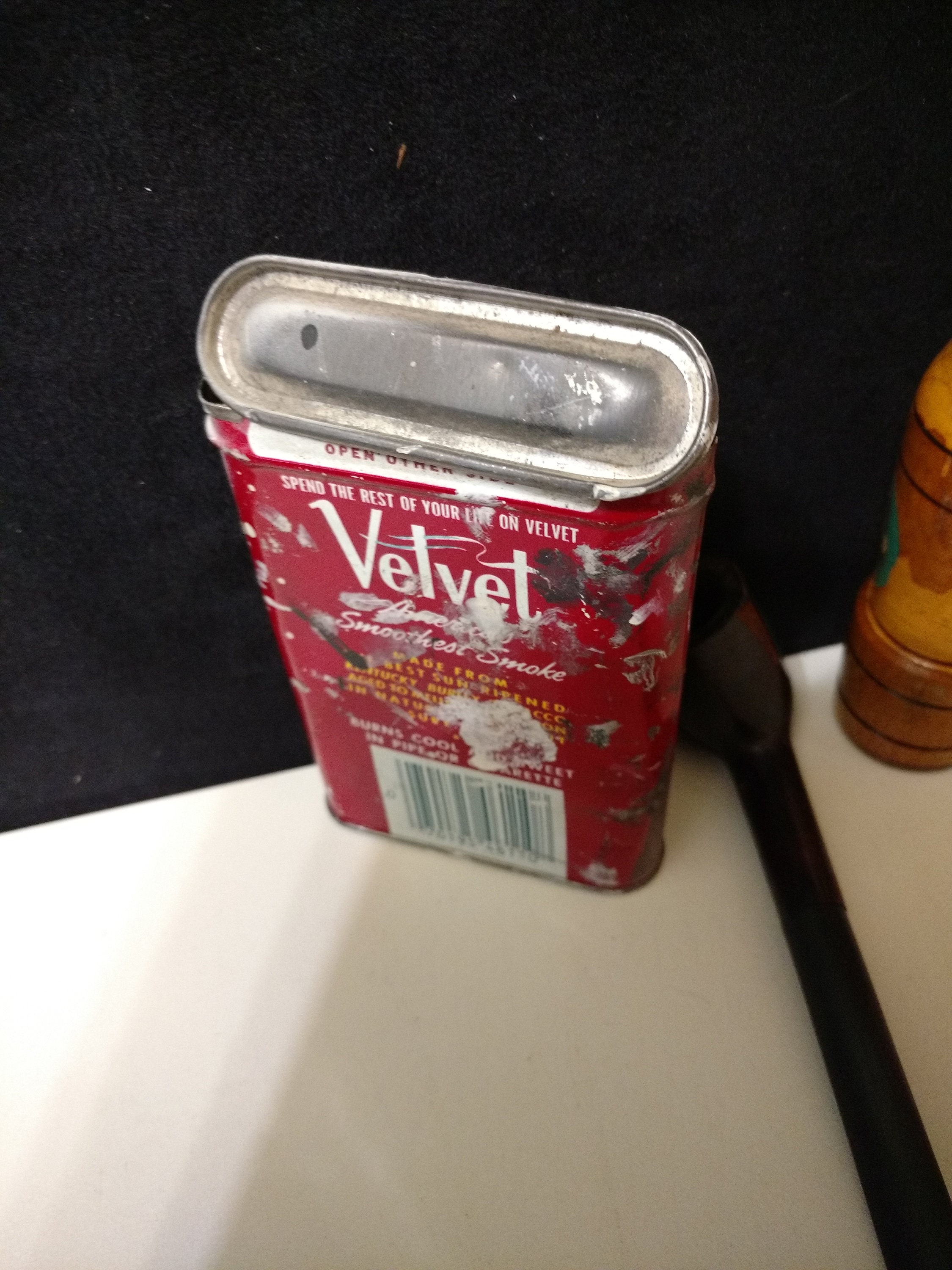Vintage Velvet Pipe & Cigarette Tobacco Tin,very worn and rustic, A ...