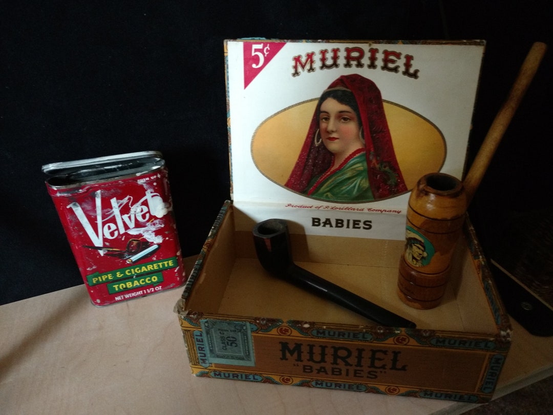 Vintage Velvet Pipe & Cigarette Tobacco Tin,very Worn and Rustic, A ...