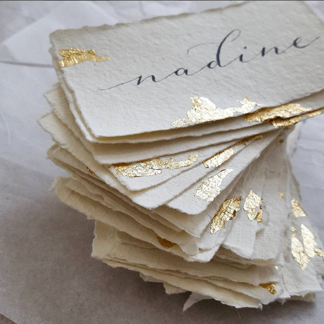 Calligraphy Name Place Cards With Gold Leaf | Handwritten Flat Name ...
