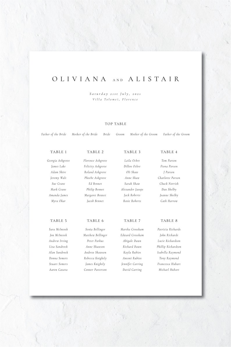 Printed Elegant Wedding Table Plan Wedding Printed Seating - Etsy