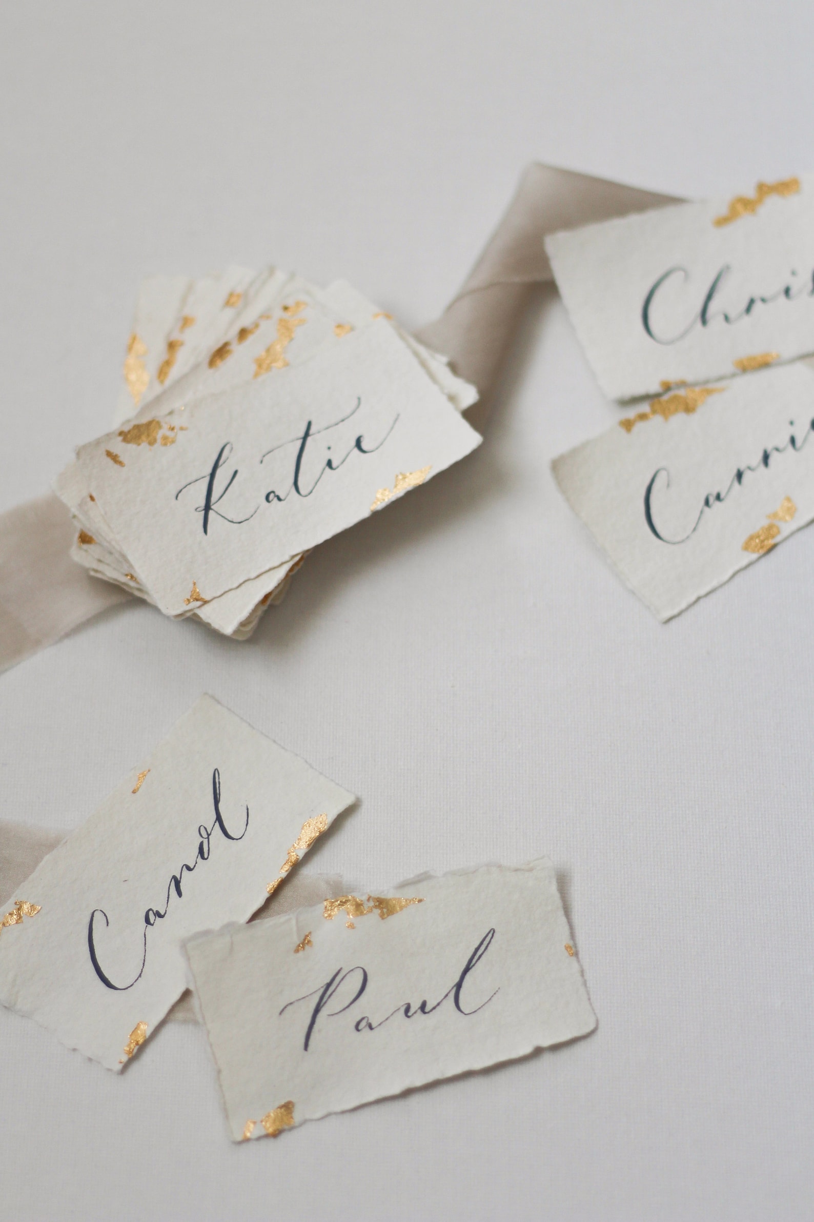 Calligraphy Name Place Cards With Gold Leaf Handwritten Flat Name Card ...