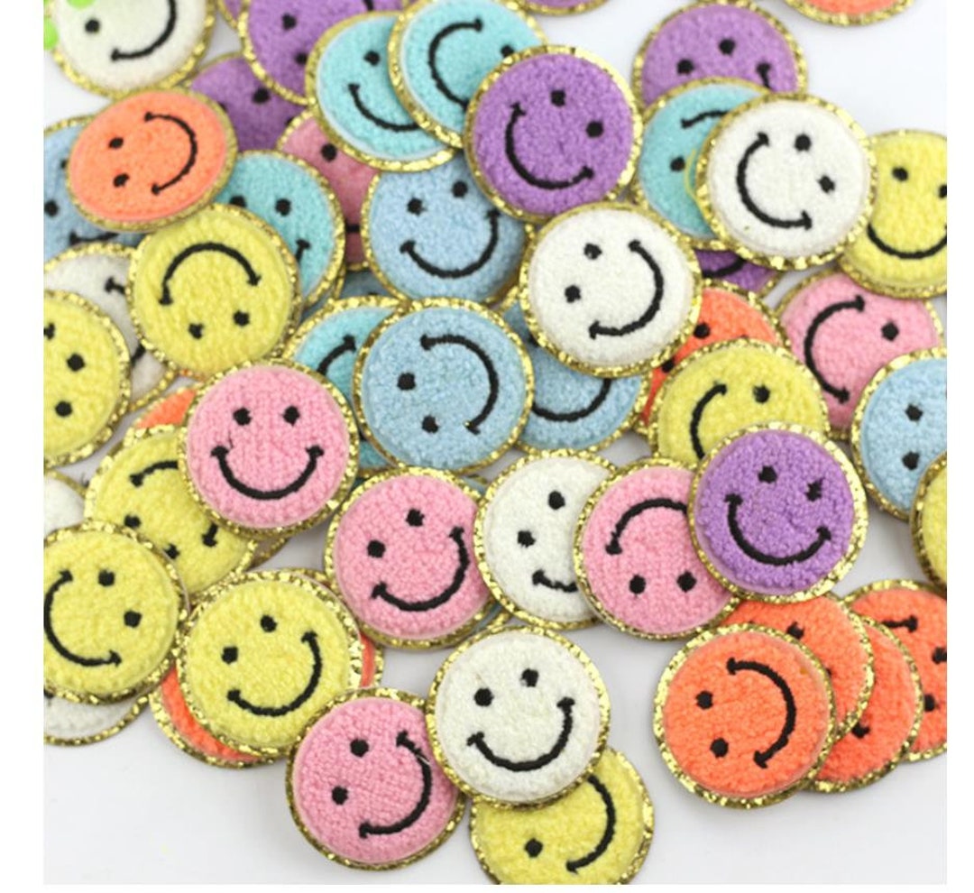 Glitter Gold Rim Chenille Smiley Face Patch, Happy Face Chenille Patch, Smiley Face Chenille ...