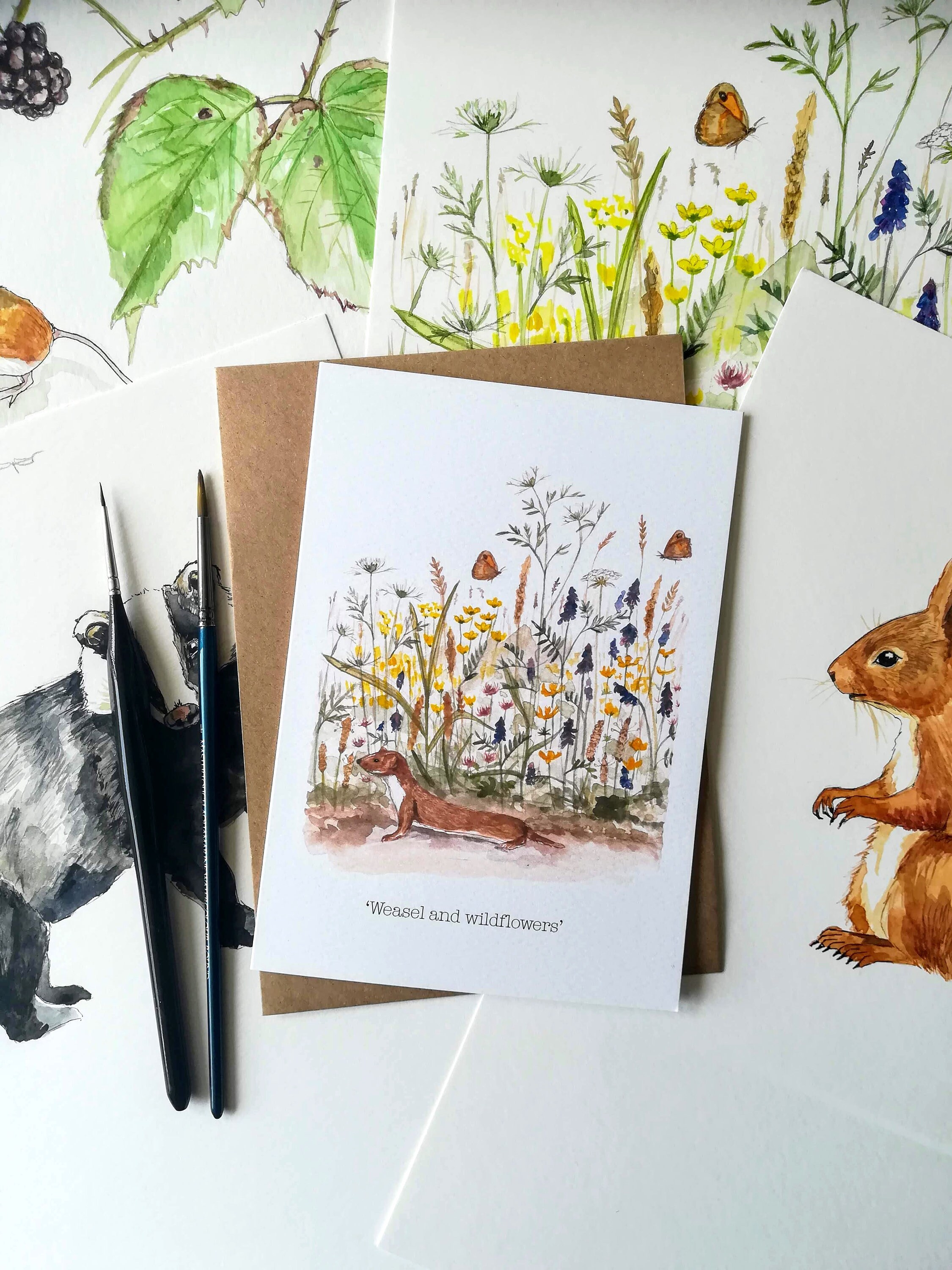 Weasel and Wildflowers Greetings Card Nature Birthday Card | Etsy