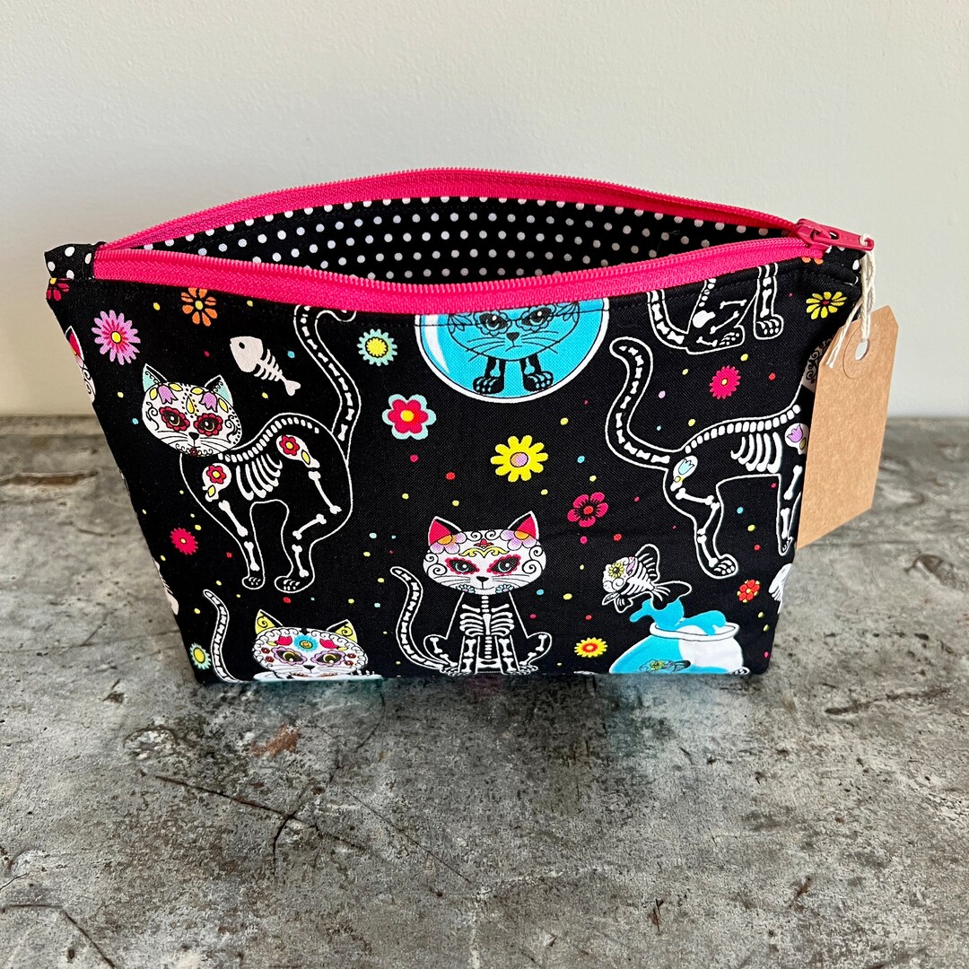 Cat Pouch, Sugar Skull Cat Bag, Floral Cat Gifts, Makeup Bag, Zipper ...