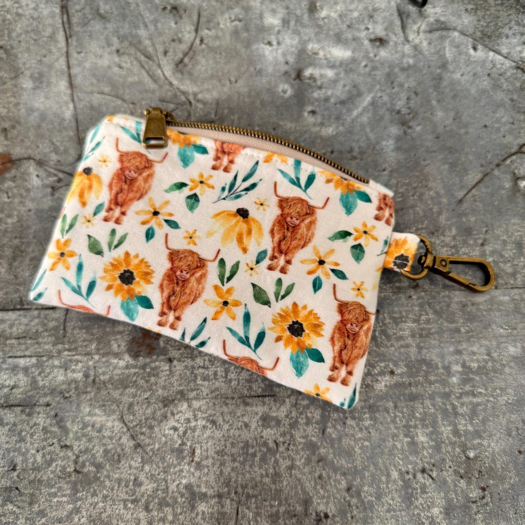 Floral Highland Cow Mini Zip, Floral Cow Pouch, Highland Cow Bag ...