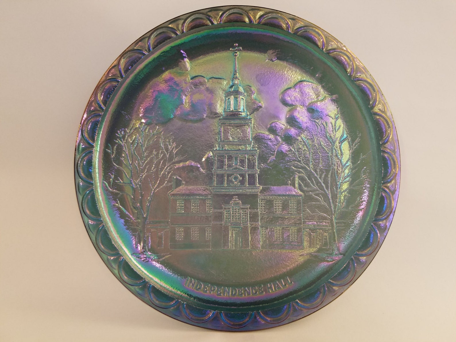 Indiana Glass Bicentennial Carnival Glass Plate Independence Hall Blue ...