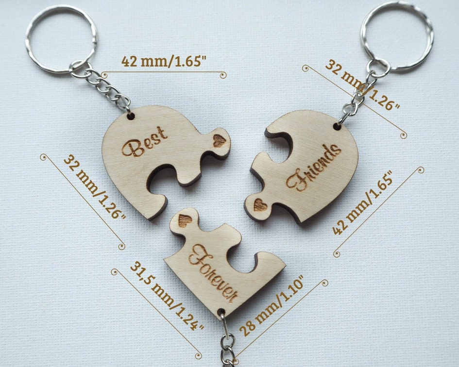 REAL WOOD Best Friend Key Chain Set-set of 3 Puzzle Piece Keychains ...