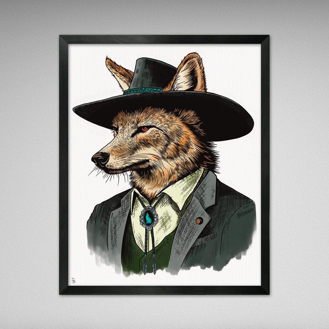 Coyote Cowboy Illustration Vintage Style Print - 8x10 or 16x20 Inches ...