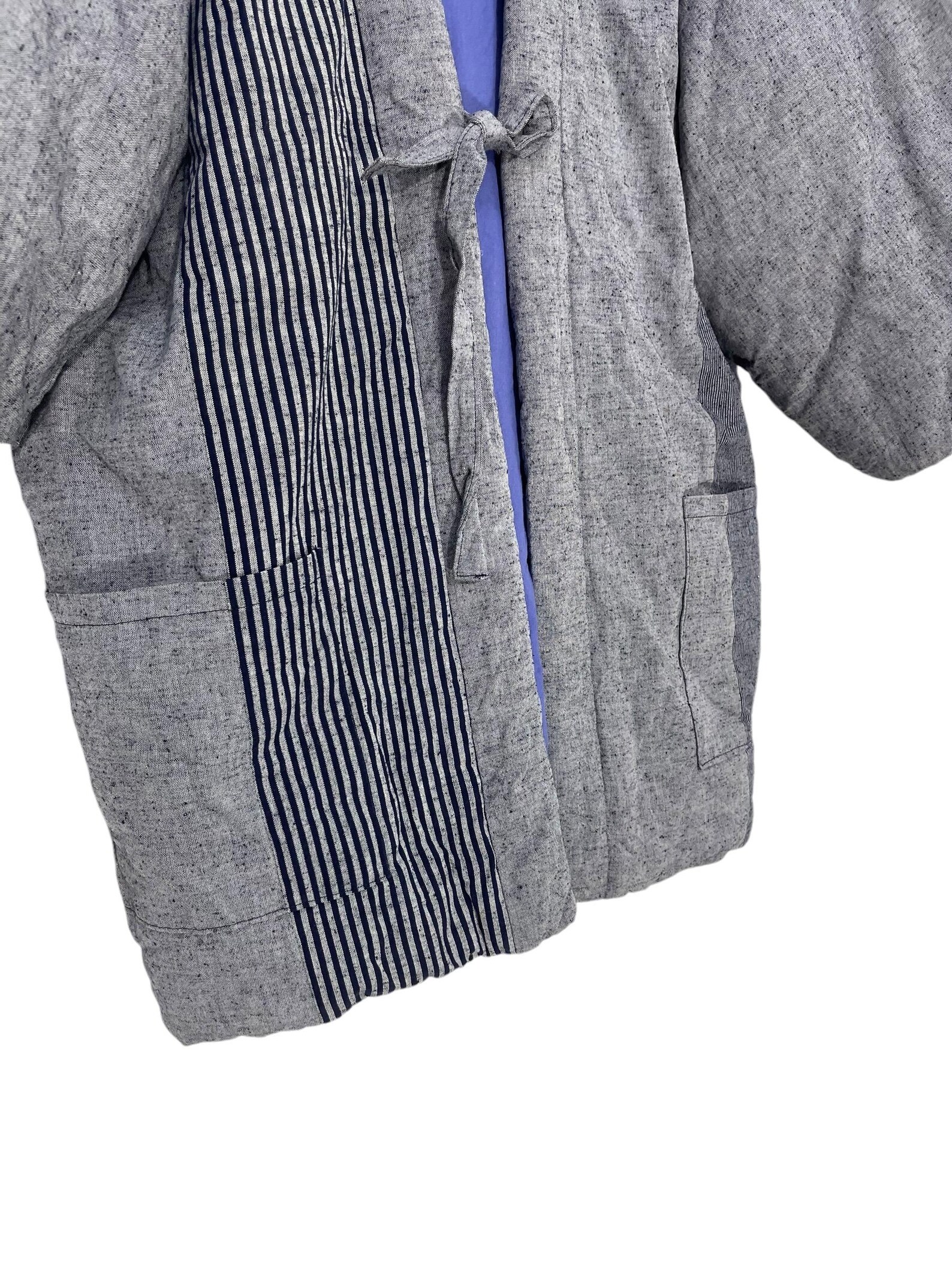 Vintage Hanten Jacket Padded Wadded Striped Ties Kimono Robe Warm ...
