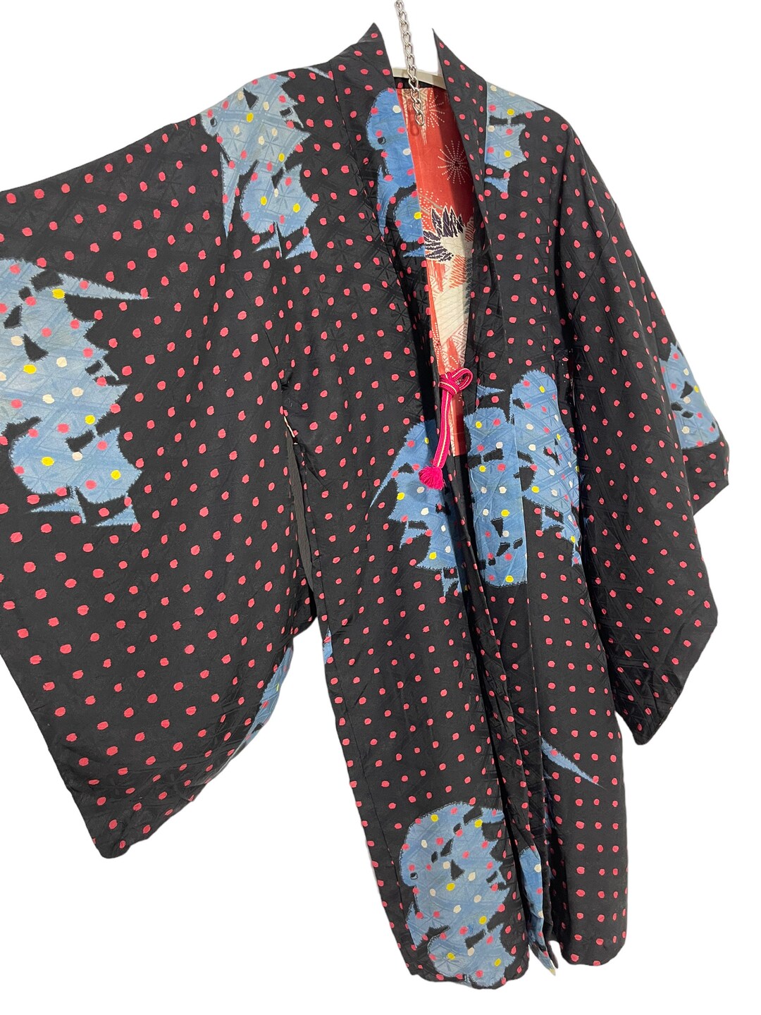 Vintage Showa Haori Silk Black Full Japanese Patterns Ties Kimono Robe ...