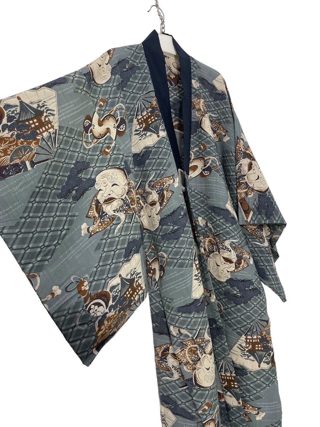 Vintage Showa Juban Kimono Wool Full Japanese Pattern Kimono Robe ...