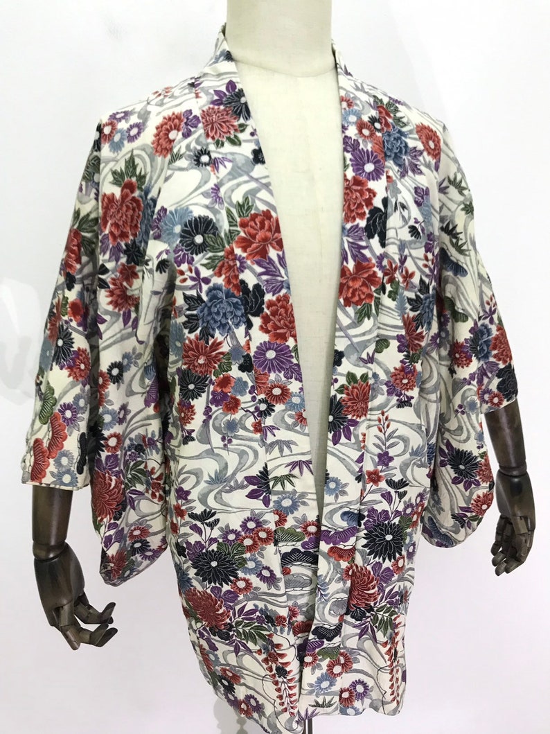 Made in Japan Vintage Haori Silk Light Jacket Fullprinted Asian Florals ...