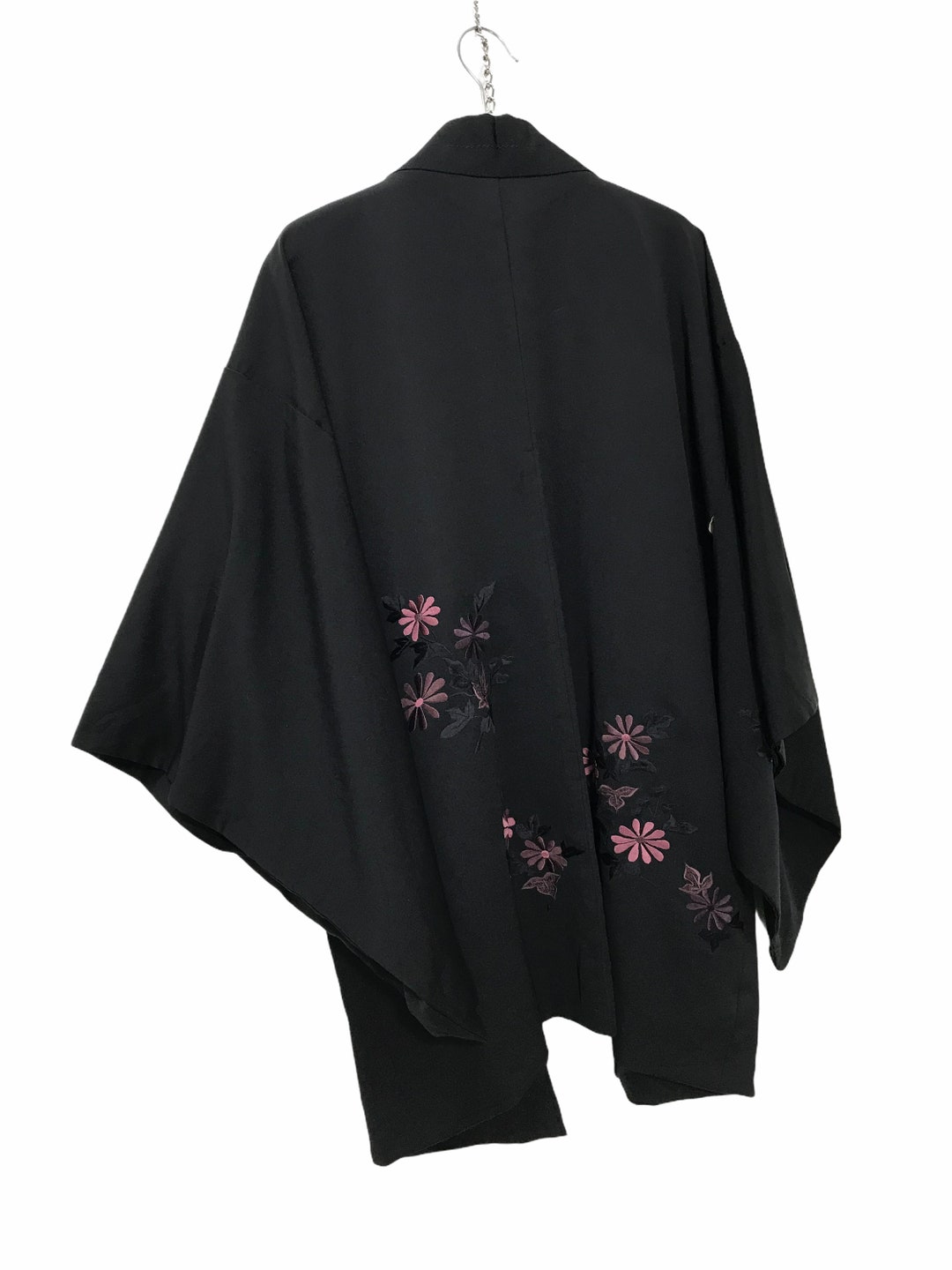 Made in Japan Vintage Haori Black Silk Embroydery Japanese Florals ...