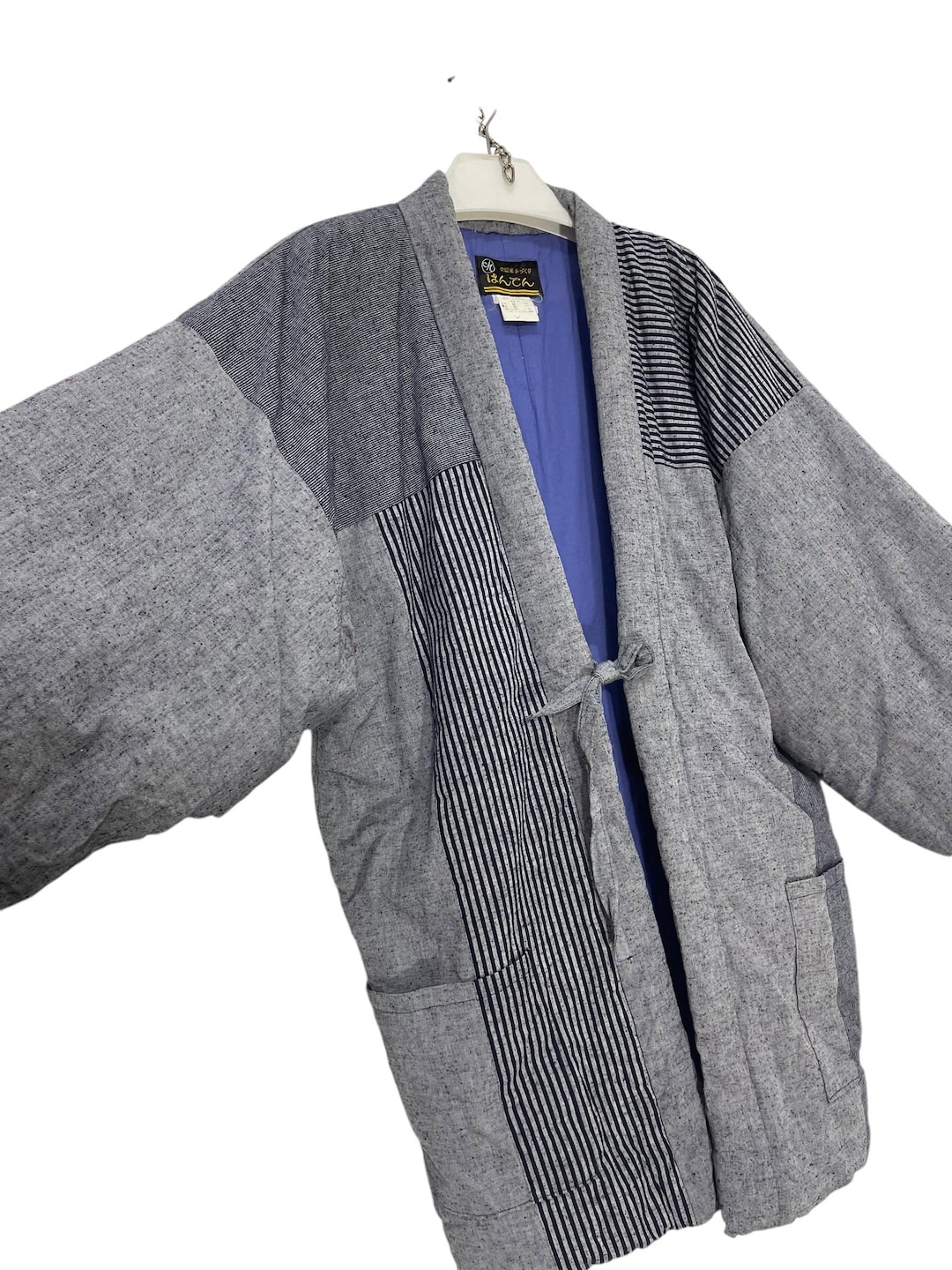 Vintage Hanten Jacket Padded Wadded Striped Ties Kimono Robe Warm ...