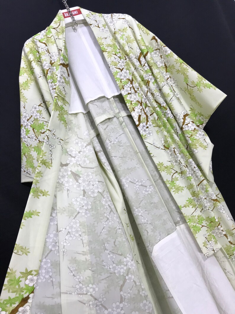 Made in Japan Vintage Long Wool Kimono Yukata Green Florals | Etsy