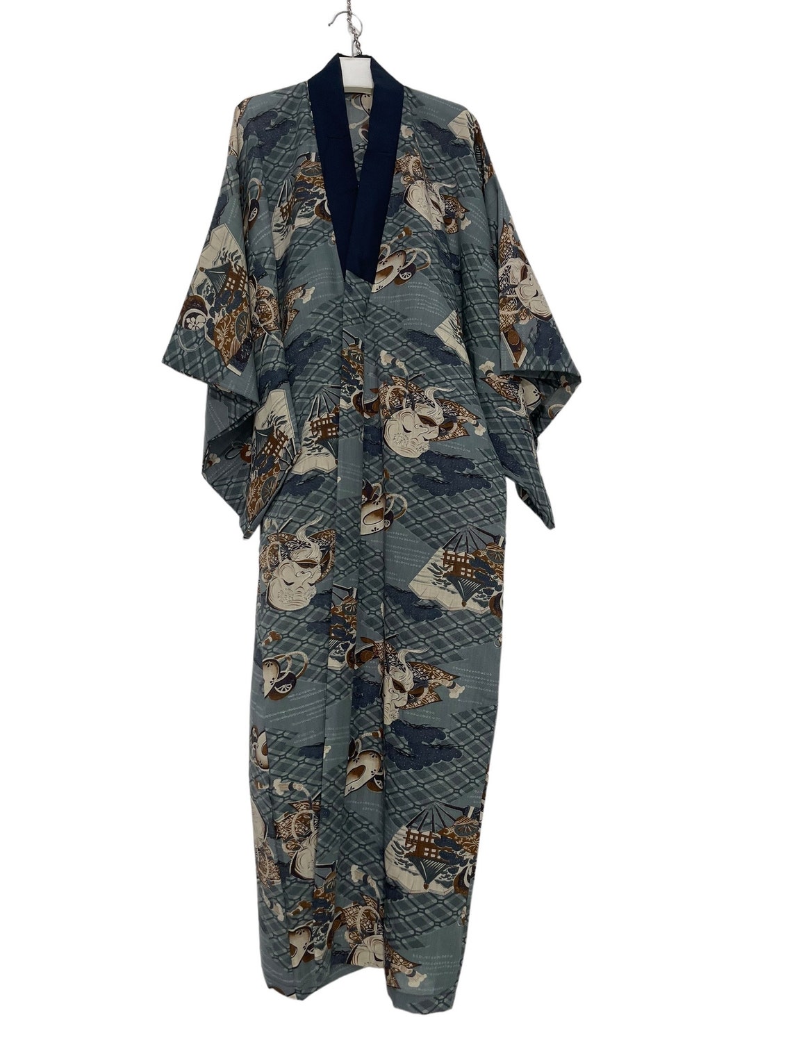 Vintage Showa Juban Kimono Wool Full Japanese Pattern Kimono Robe ...