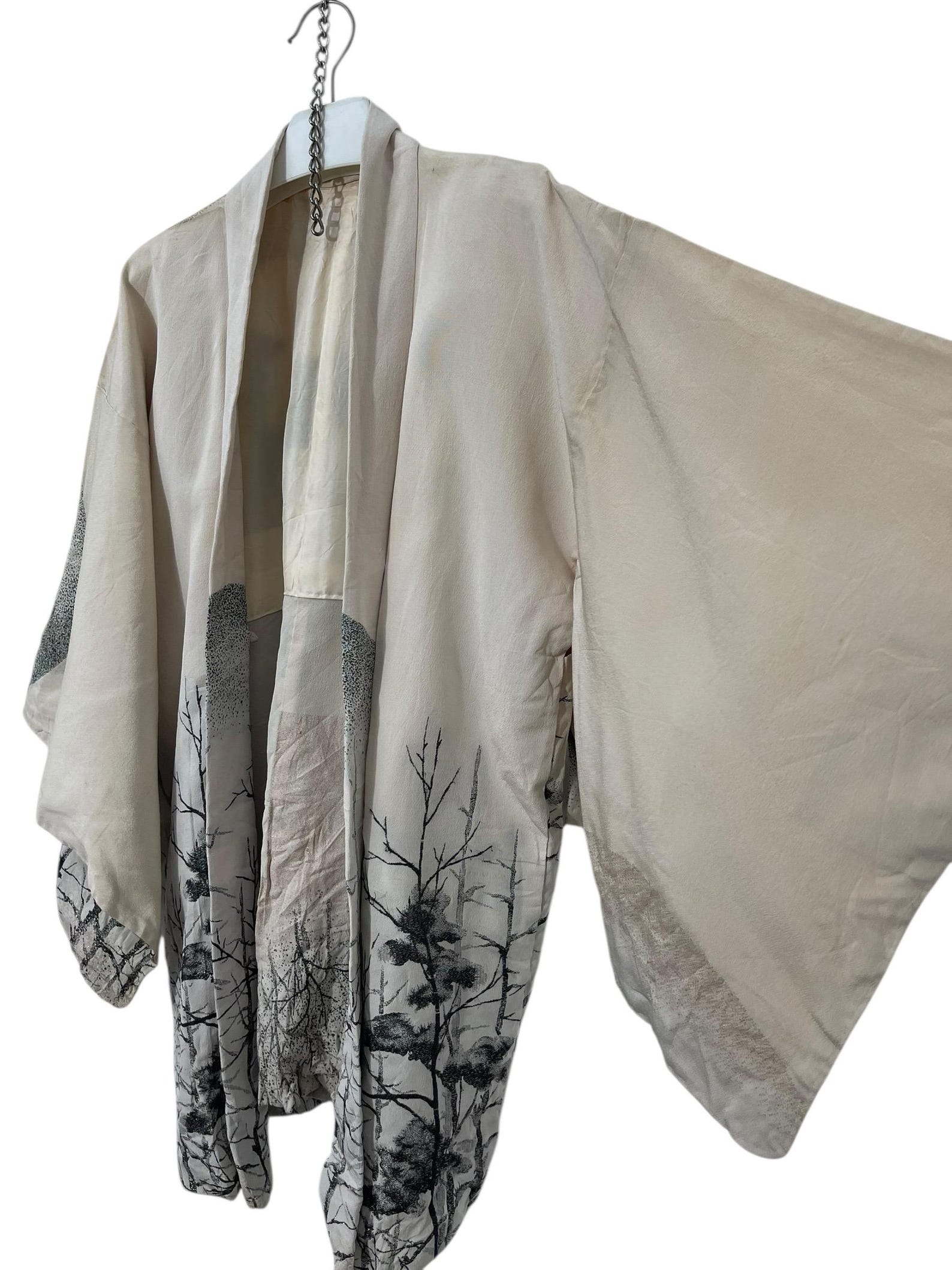 Vintage Showa Haori Silk Crepe Japanese Textured Brocade Trees Kimono ...