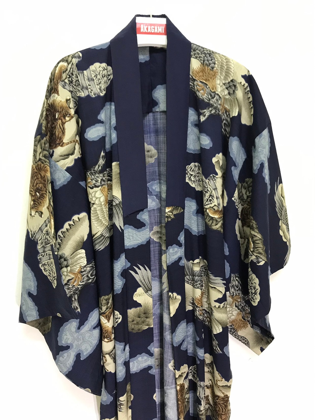 Vintage Showa Nagajuban Wool Full Pattent Tigers Vs Hawks Kimono Robe ...