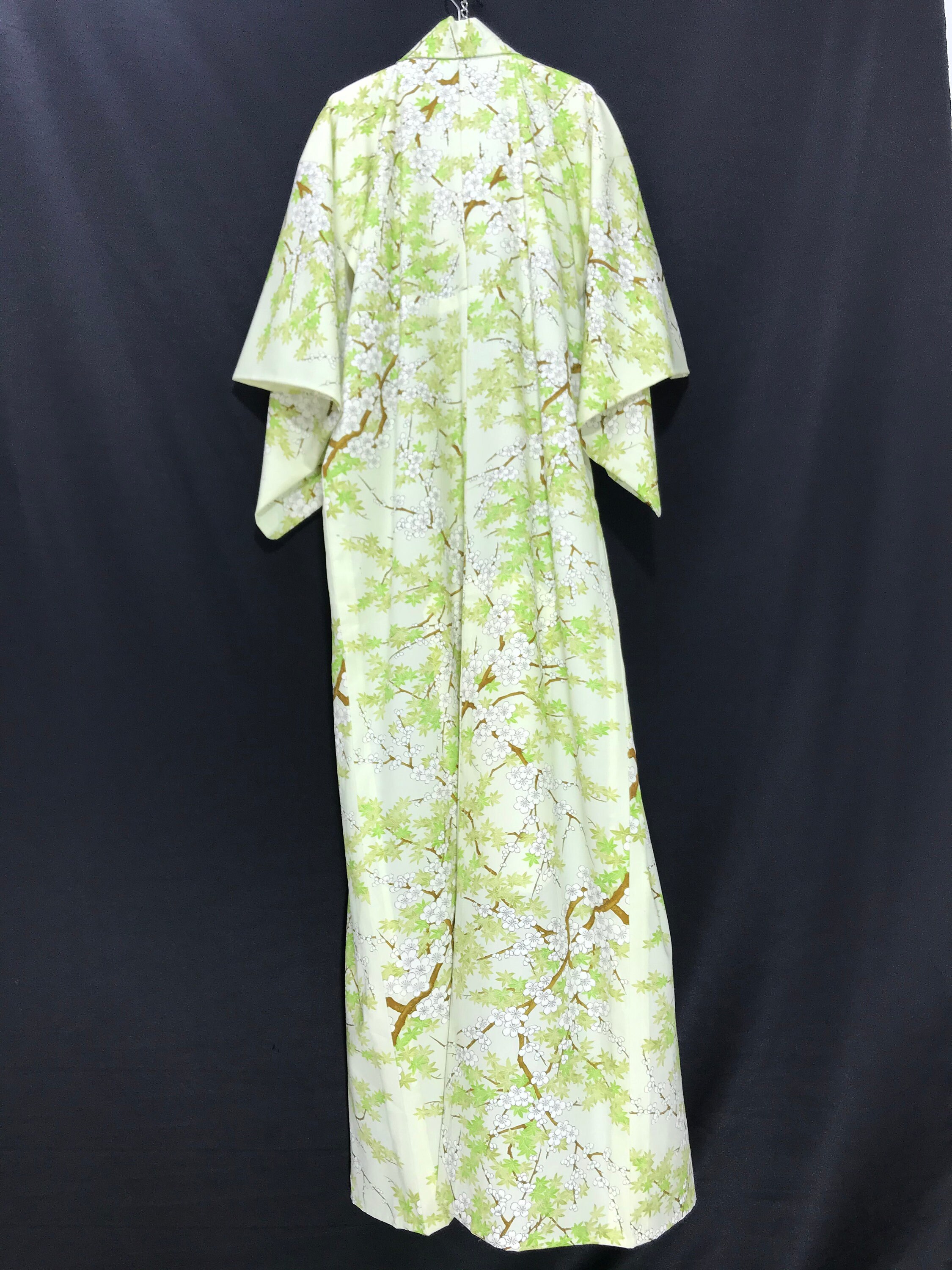 Made in Japan Vintage Long Wool Kimono Yukata Green Florals | Etsy