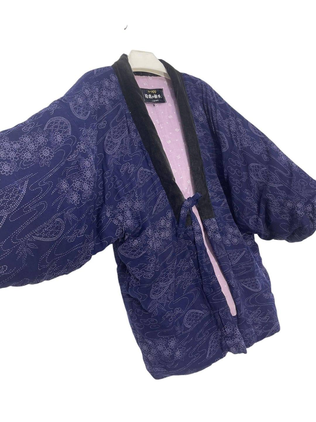 Vintage Hanten Jacket Padded Wadded Sashiko Pattern Stencil Kimono Robe ...