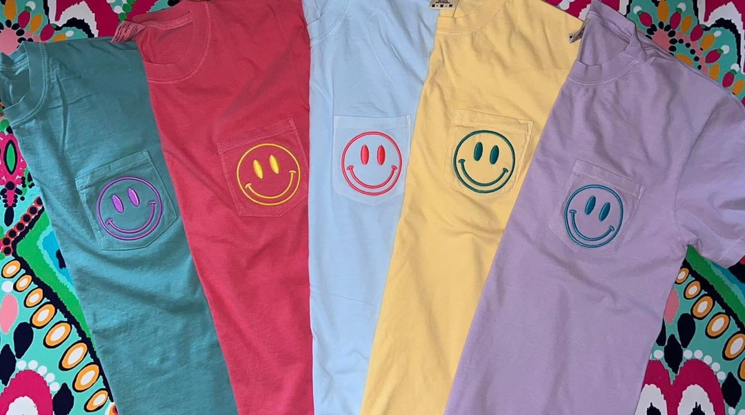 Smiley Face Embroidered Comfort Color T-shirts - Etsy