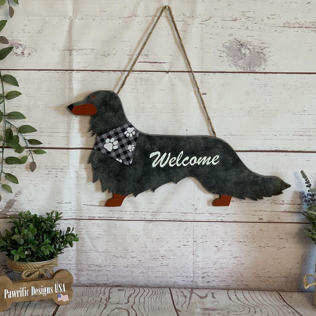 Longhair Dachshund Welcome Door Sign - Dapple Weenie Dog Wall Art ...