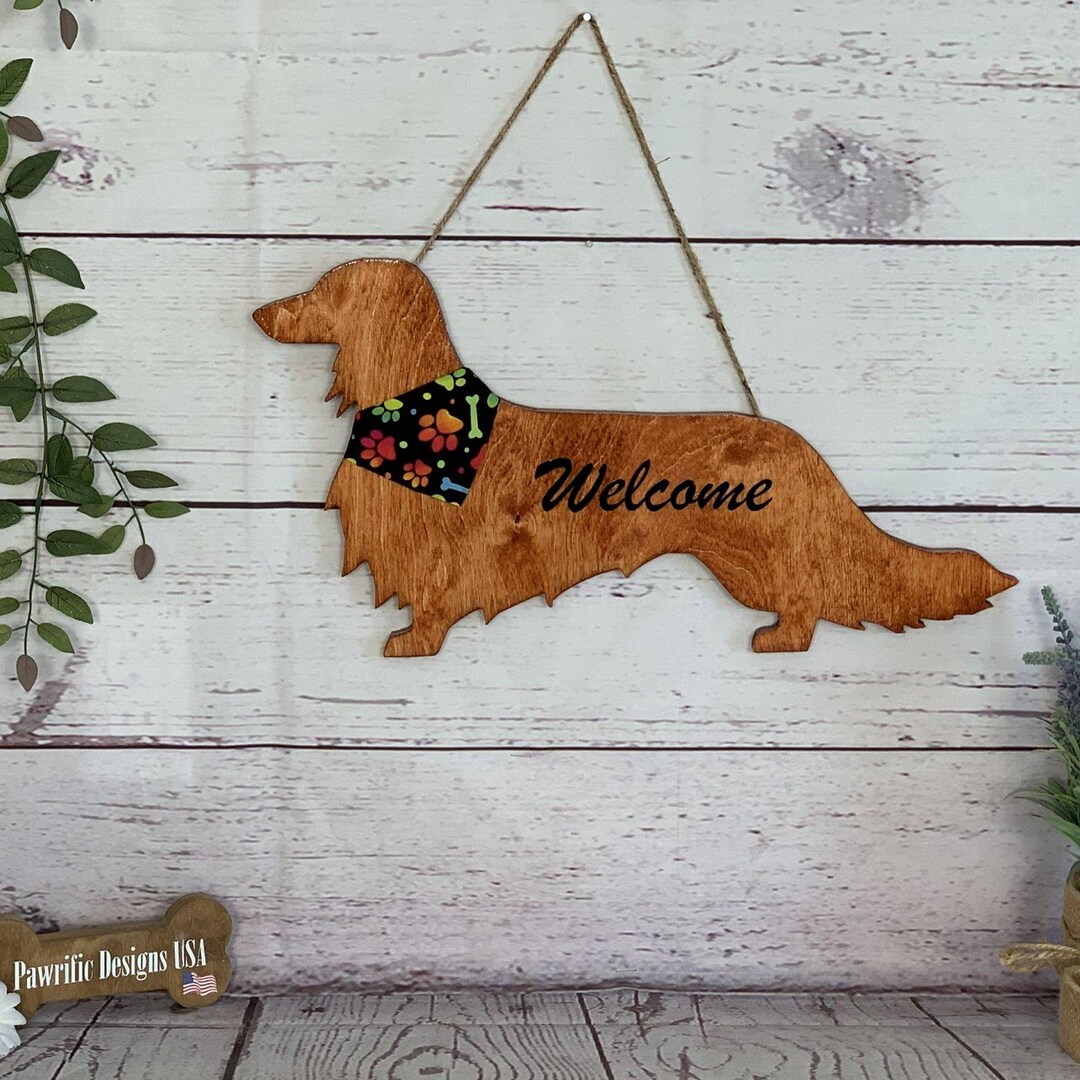 Longhair Dachshund Welcome Sign - Weenie Dog Wall Art Hanging - Etsy