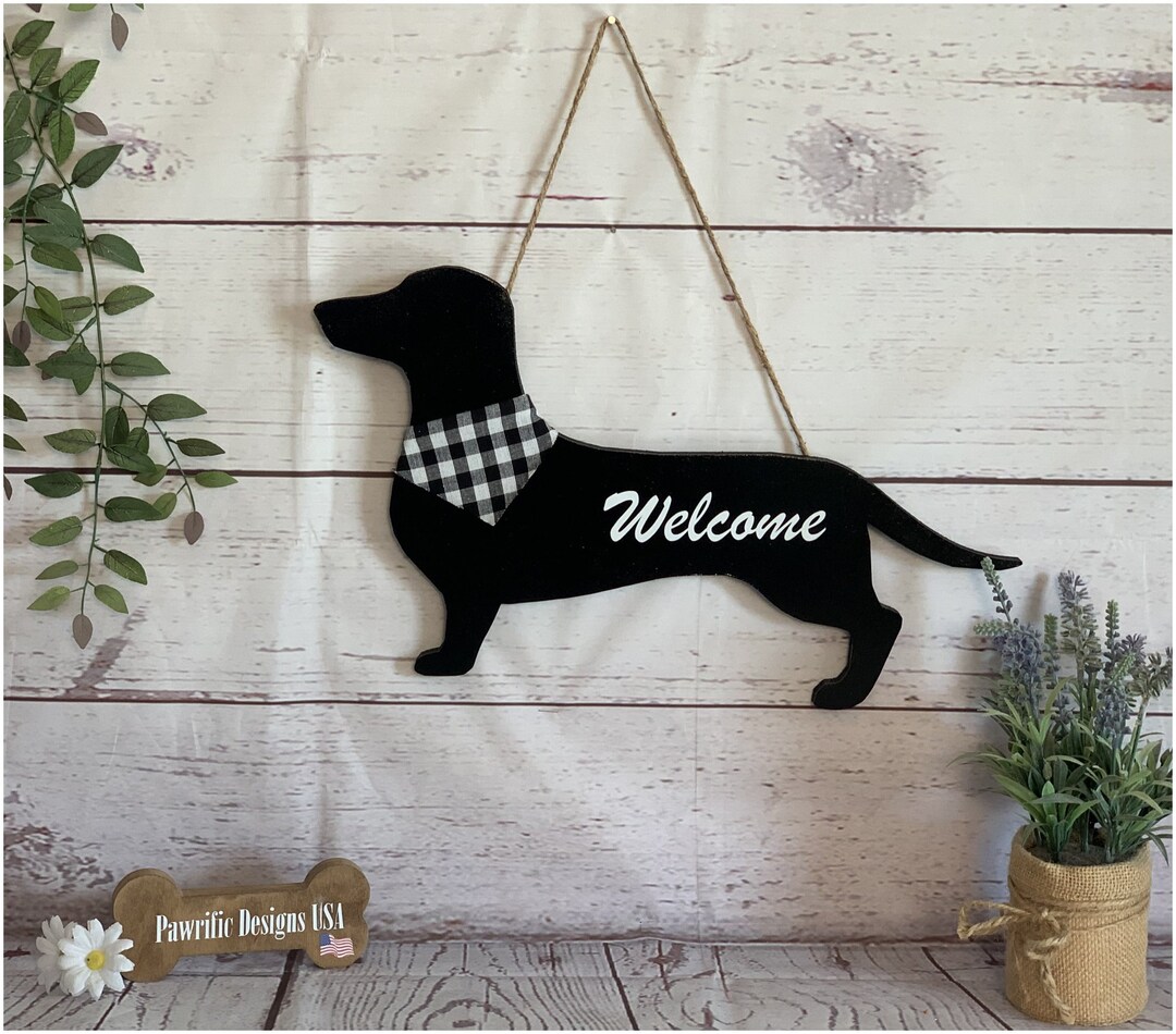 Black Dachshund Wood Door Hanger Welcome Sign - Handmade Gift Decor ...