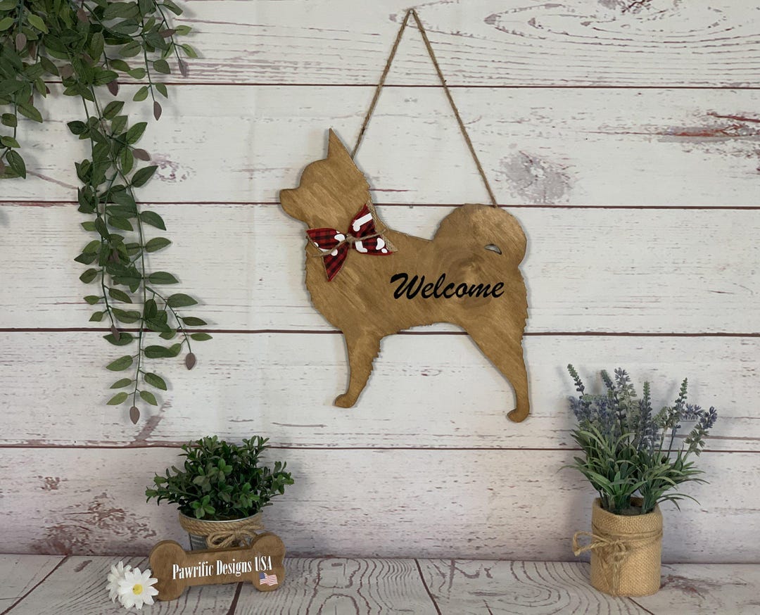 Long Hair Chihuahua Wood Door Hanger Welcome Sign - Handmade Wall Art ...