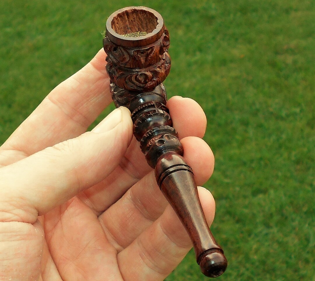 Carved Rosewood Smoking Pipe 4" Long W/detachable Bowl~free Brass ...