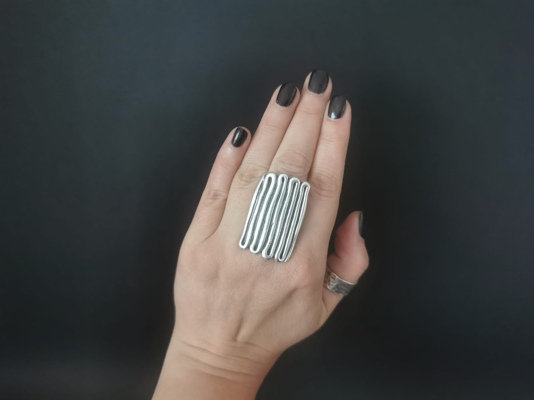 Silver Statement Ring, Abstract Lines Rectangular Adjustable Ring, Boho ...