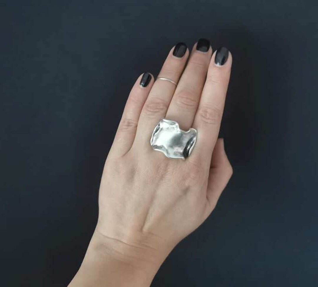 Rippled Effect Rectangular Statement Ring: Silver Plated Adjustable ...