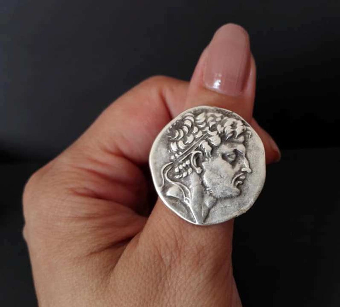 Antique Silver Vintage Coin Ring, Engraved FACE Adjustable Stackable ...