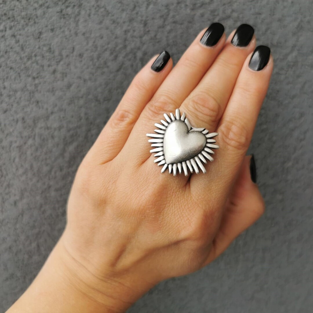 Sacred Heart Statement Ring, Silver Plated Milagros Flaming Heart Adjustable Ring, Vintage ...