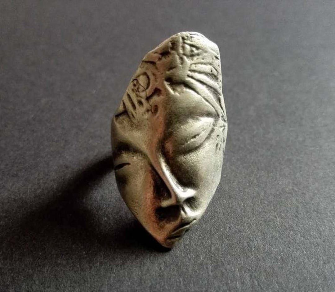 Antique Silver Abstract Face Ring, Adjustable Statement Ring, Ancient ...