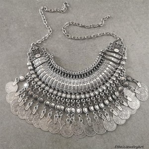 Antique Silver Statement Necklace, Oversized Silver Plated Coin Collar ...