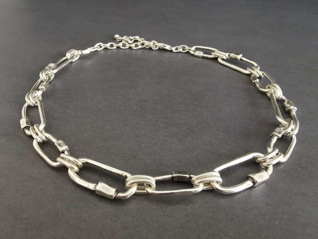 Antique Silver Plated Padlock Oval Shaped Links Necklace, Adjustable ...