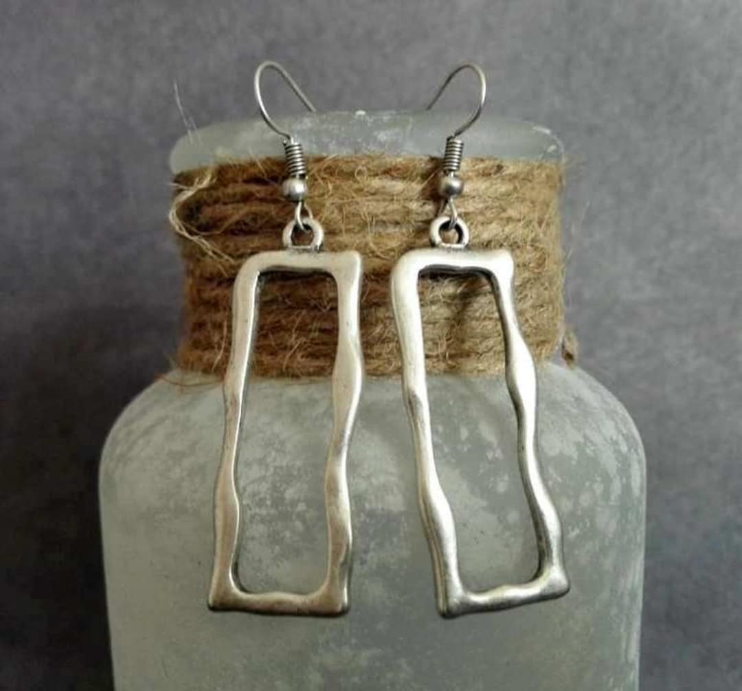 Silver Rectangular Earrings, Antique Silver Dangling Dainty Earrings ...