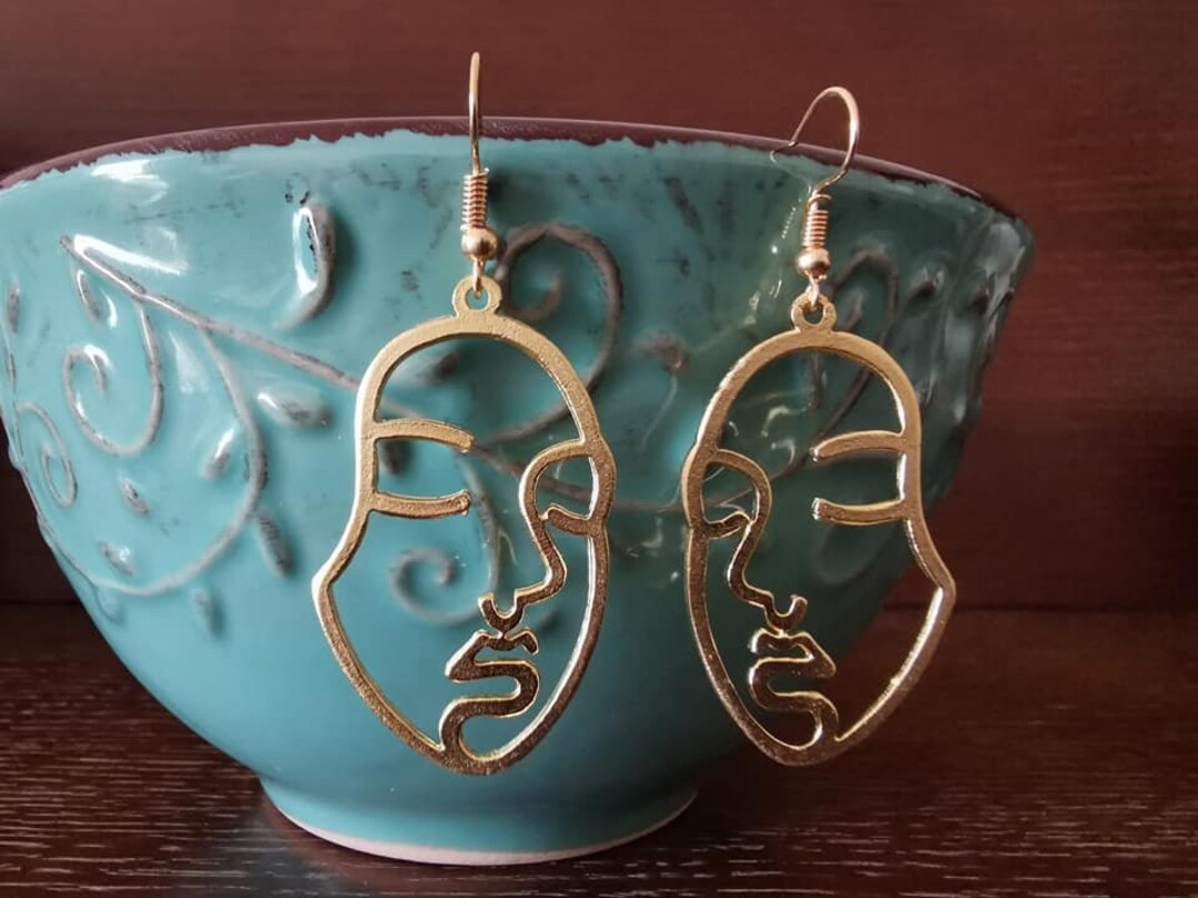 Gold Plated Pretty Hollow Face Abstract Dangling Earrings, Contemporary ...