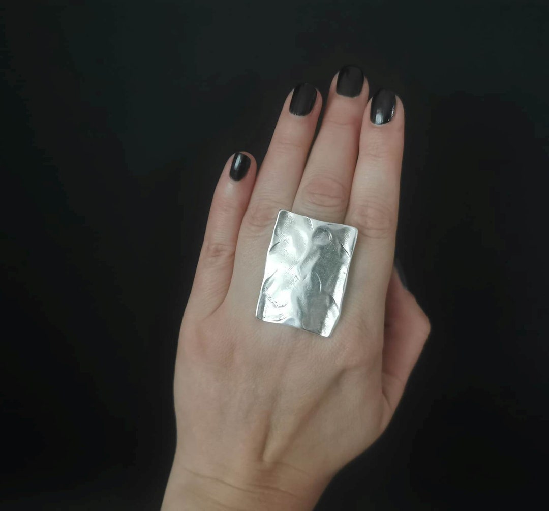 Rectangular Textured Statement Ring: Silver Plated Sculptural ...