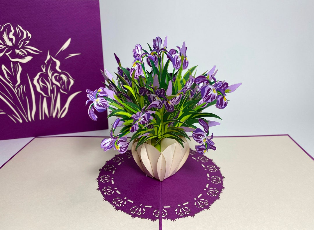 Purple Iris Vase - Pop up Mother's Day Card - 3D Purple Flower Birthday ...