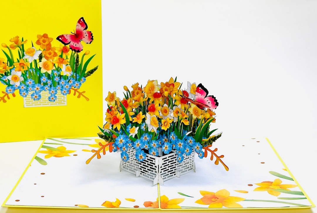 3D Daffodil Basket With Butterfly - Pop up Mother Day Card - Butterfly ...