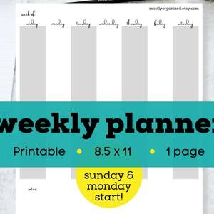 One Page Weekly Planner Download, Week at a Glance Planner Printable ...