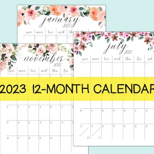 Watercolor 2023 Calendar Printable, Monthly Calendar Printable Pretty ...