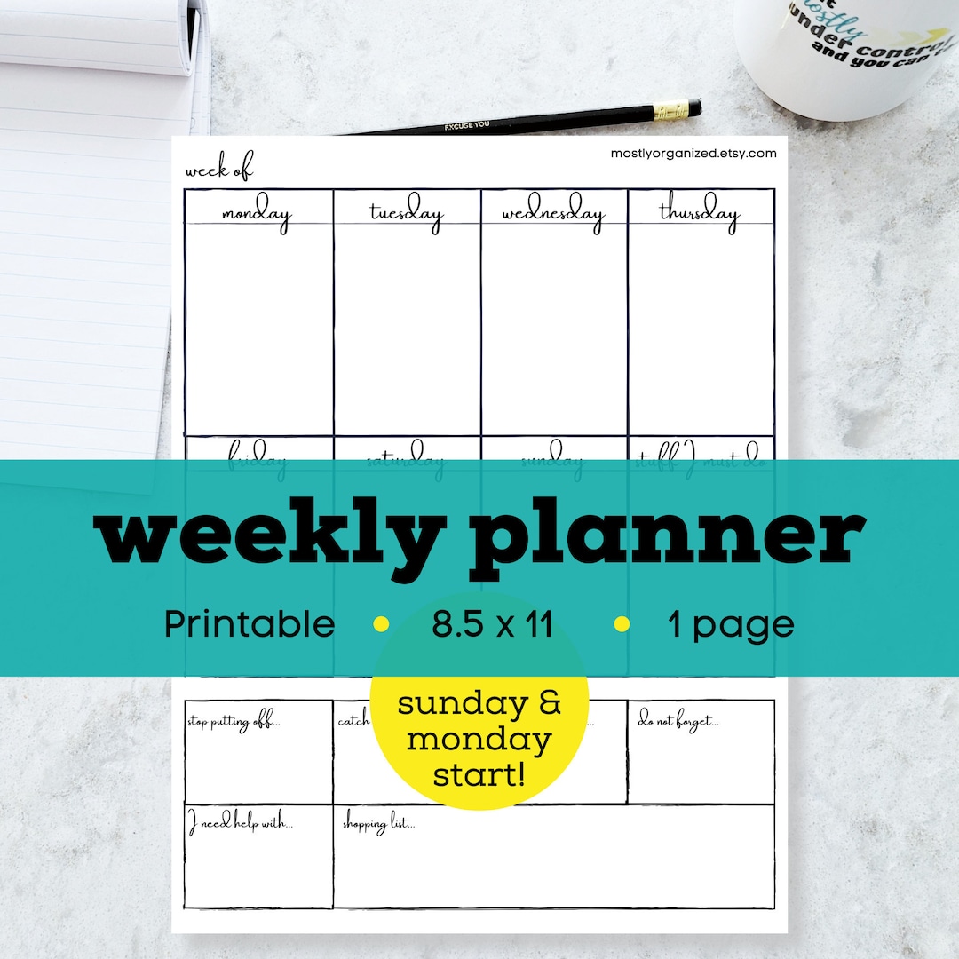 One Page Weekly Planner Download, Week at a Glance Planner Printable ...