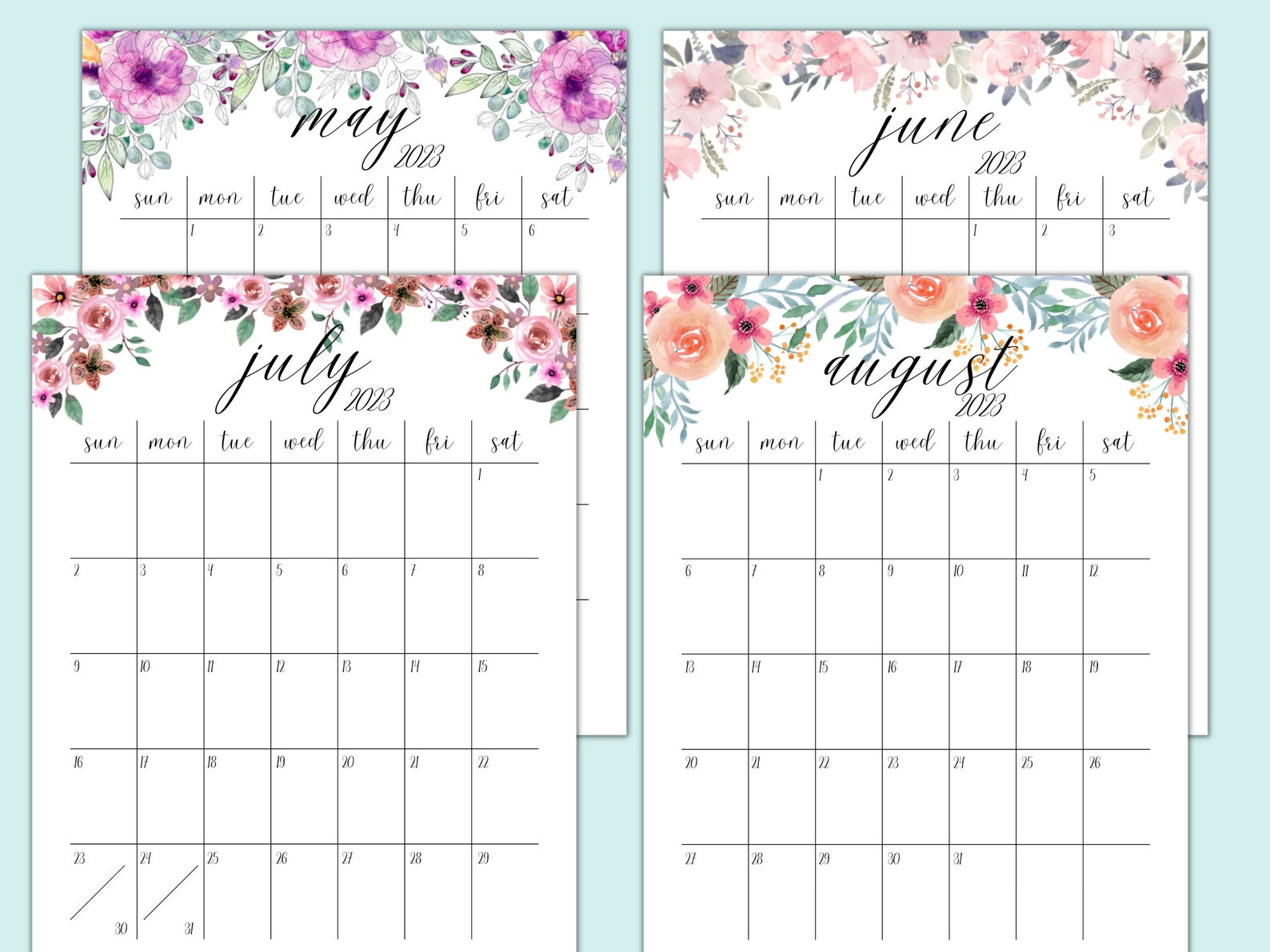 Watercolor 2023 Calendar Printable, Monthly Calendar Printable Pretty ...