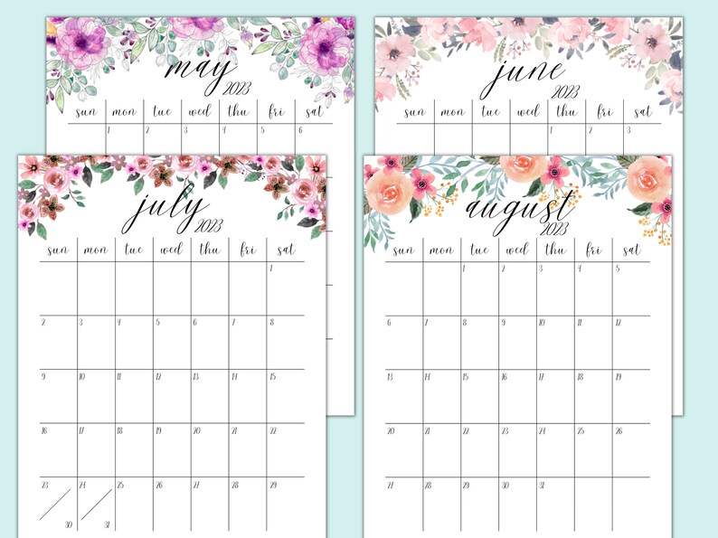 Watercolor 2023 Calendar Printable, Monthly Calendar Printable Pretty ...