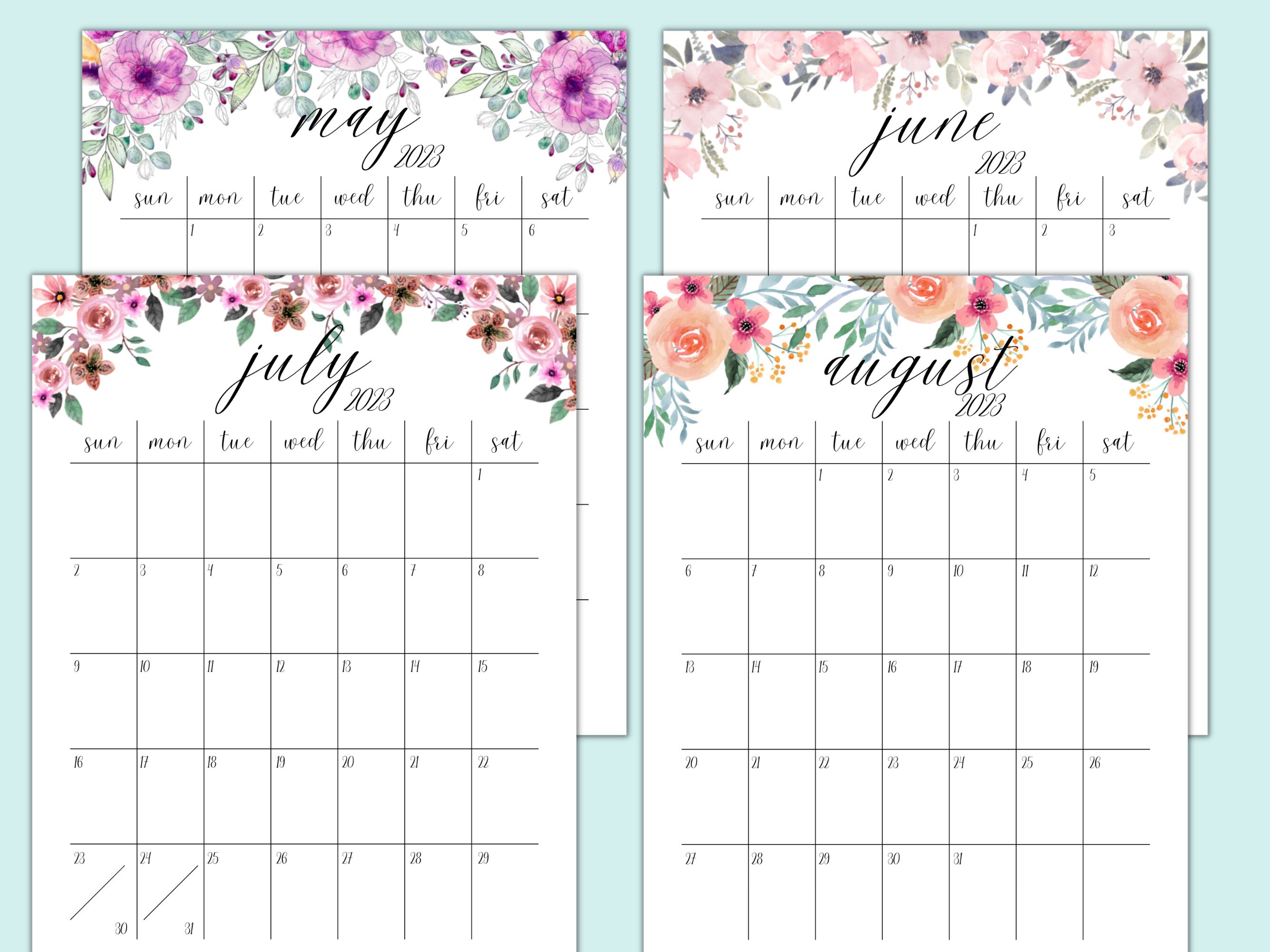 Watercolor 2023 Calendar Printable, Monthly Calendar Printable Pretty ...