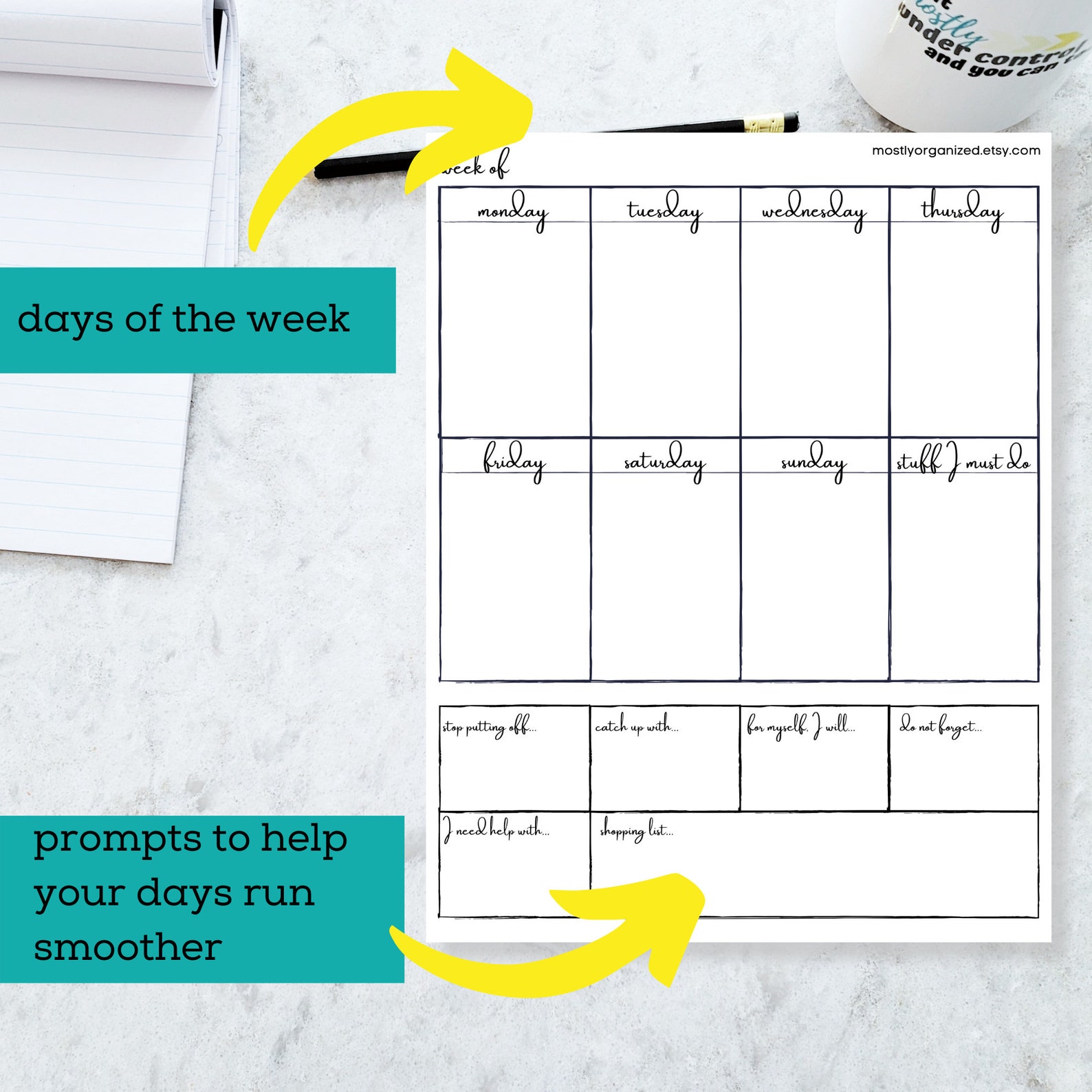One Page Weekly Planner Download, Week at a Glance Planner Printable ...