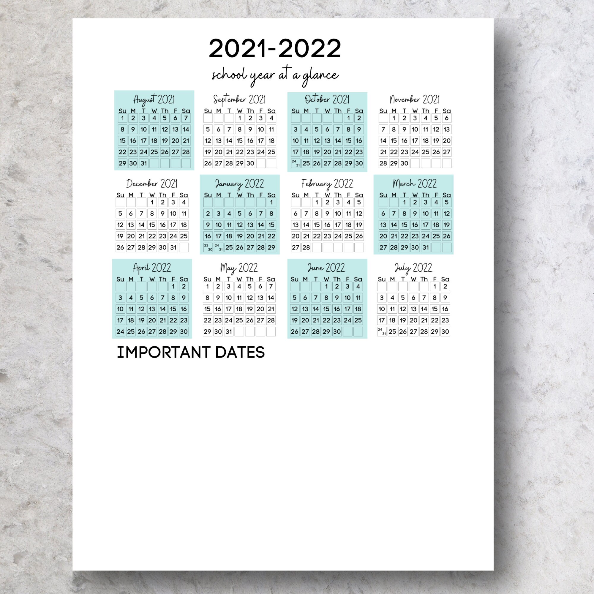 School Year at a Glance, Year at a Glance Printable, Printable Academic ...